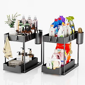EYOBE Under Sink Organizer 2 Pack, 2-Tier Sliding Cabinet Organizer with Hooks and Hanging Cup, Multi-Use Under Sink Organizers and Storage for Kitchen Bathroom Office Laundry Room, Black