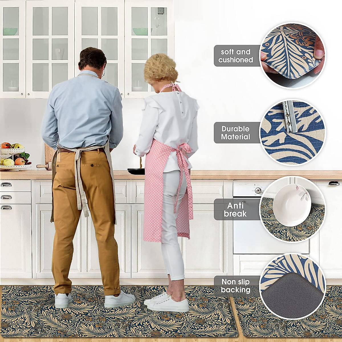 Anti Fatigue Kitchen Mat Set of 2 Pieces,Farmhouse Blue Kitchen Rugs and Mats,Waterproof Non Slip Memory Foam Cushioned Comfort Kitchen Floor Mat,Padded Kitchen Mats for Standing(17’’x30’’+17’’x47’’)