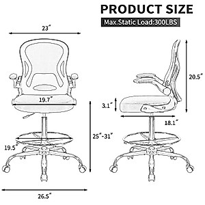 LERYAY Tall Office Chair Drafting Chair Swivel Adjustable Height Mid-Back White Standing Desk Chair with Footrest and Flip-Up Arms