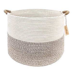 Large Cotton Rope Woven Laundry Basket (20"x14"), Blanket Basket for Living Room, Wicker Laundry Basket with Handle, Clothes Hamper, Round Storage Basket for Clothes, Hamper for Bedroom Aesthetic