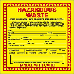 Accuform (California) Hazardous Waste Label Adhesive-Poly Vinyl , "HAZARDOUS WASTE - STATE AND FEDERAL LAW PROHIBITS IMPROPER DISPOSAL...HANDLE WITH CARE!", 6" x 6", Red/Black/Yellow (Pack of 25), MHZWCAEVP