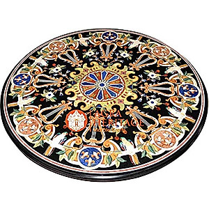 Black Marble Top 43" Dining Round Table Pietra Dura Italian Design Decor Furniture