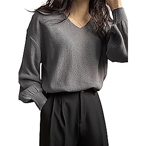 SweatyRocks Women's Lantern Long Sleeve Drop Shoulder Sweater V Neck Ribbed Knit Pullover Top Dark Grey S