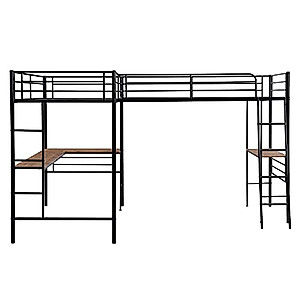 L Shaped Metal Loft Bed with Desk, Modern Style Heavy-Duty Steel Frame Twin Loft Bed with Safety Rail, Built-in Ladder for Bedroom, Dorm, Boys, Girls, Adults (Twin Size, Black)