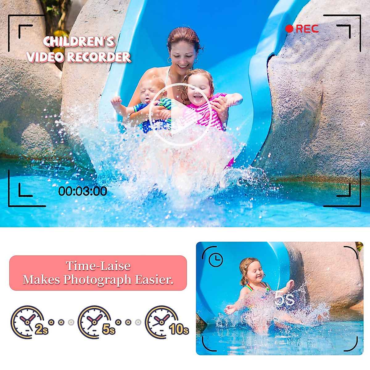 OZMI Kids Waterproof Selfie Camera for Girls, Christmas Birthday Gift for Girls 3 4 5 6 7 8 9 Years Old, Toddler Underwater Sports Camera HD Children Digital Camera 2 Inch Screen with 32GB Card, Pink