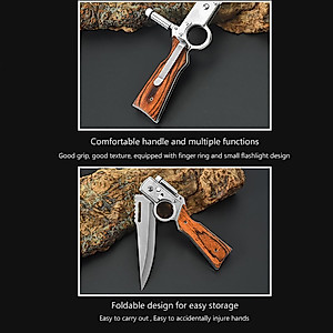 Piewry AK47 Flipper Pocket Knife, Portable Flipper Pocket Knife With Flashlight for Men, 8.5 inch Stainless Steel, Wooden handle, Flipper Pocket Knives for Hiking, Outdoor, Camping, Mens Gift