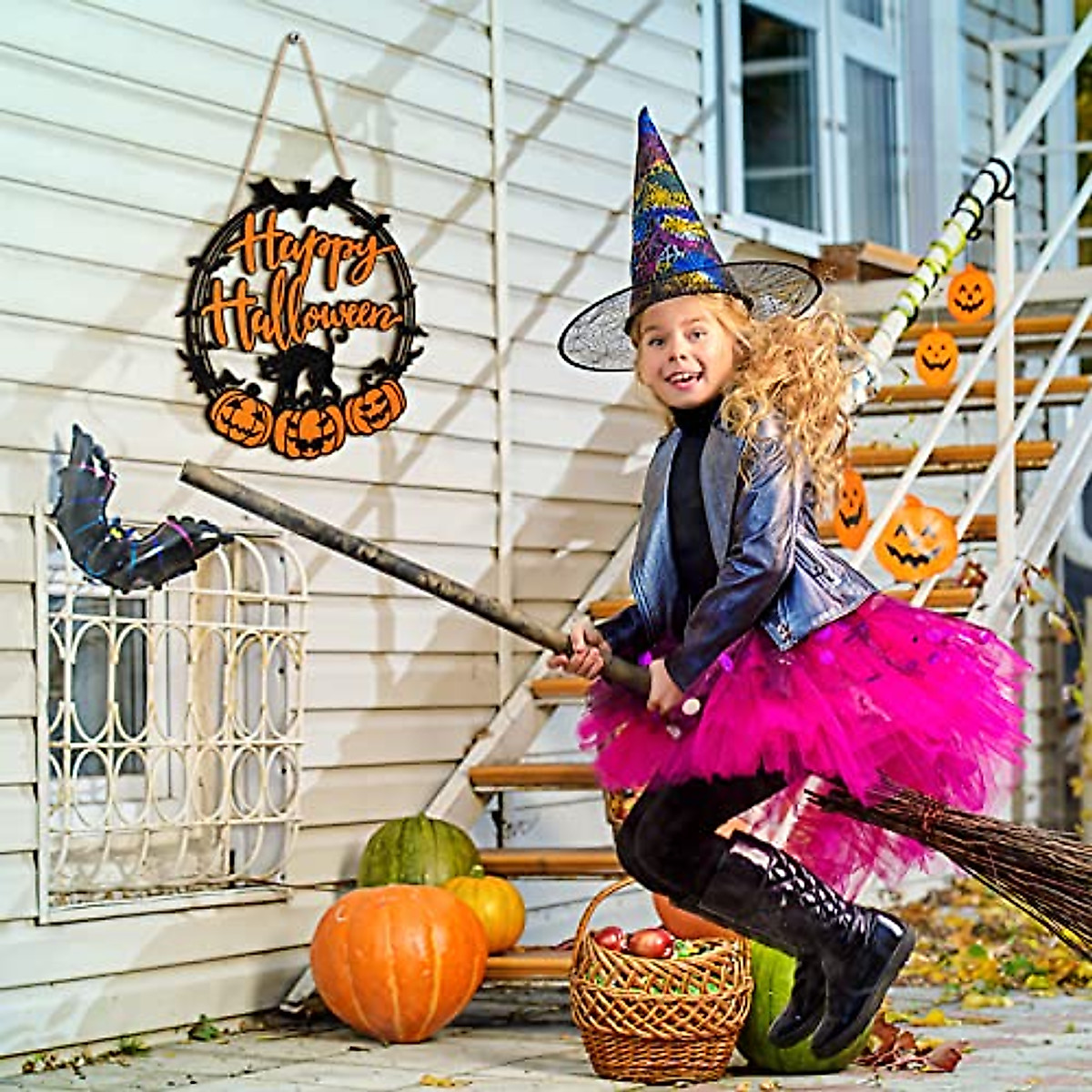 Bucherry Black Cat Pumpkin Hanging Sign Happy Halloween Front Door Welcome Sign Wall Decor Wall Plaque for Halloween Party