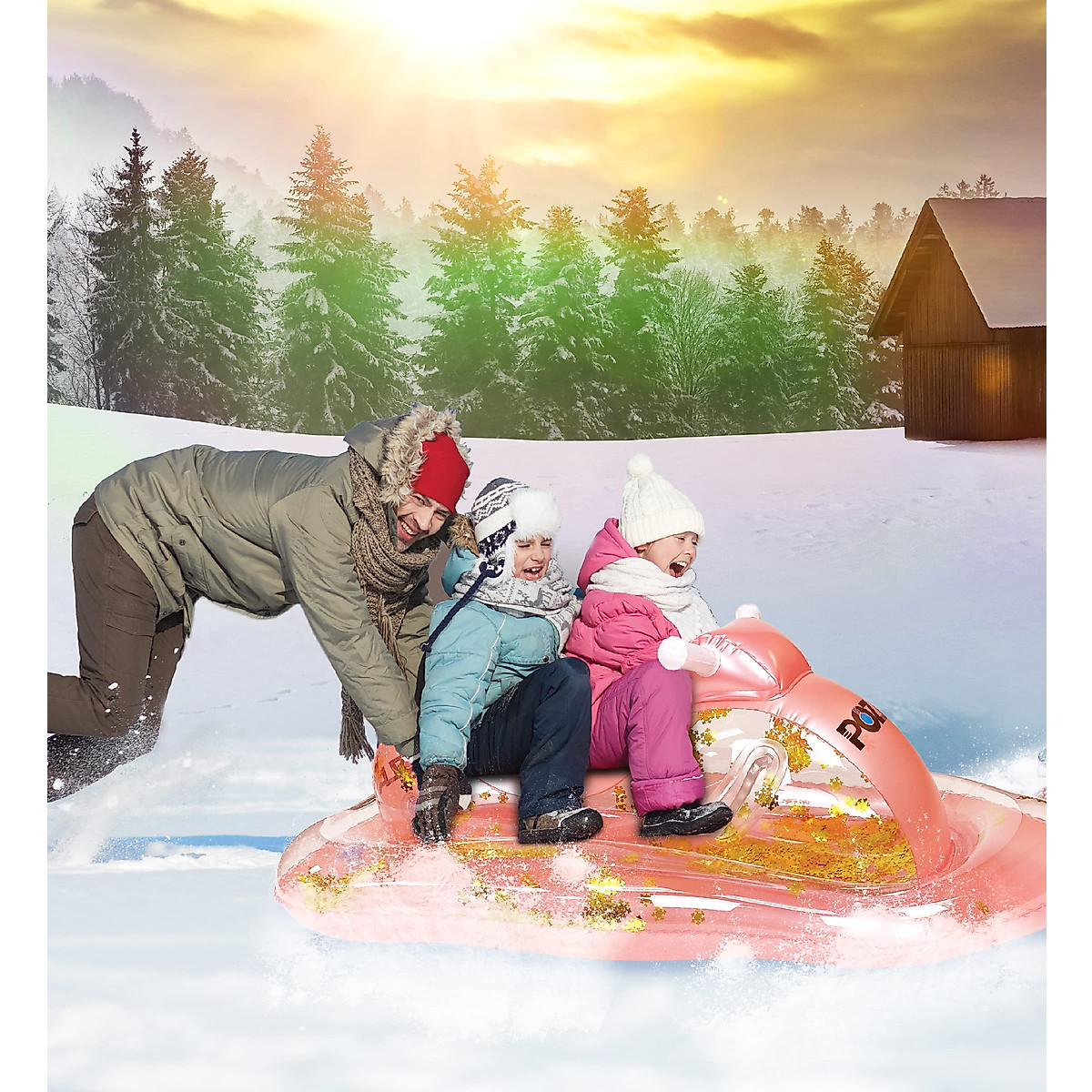 POZA Inflatable Rose Gold Snowmobile Sled - Luxurious Snow Sled with Handles filled with Gold Snowflake Confetti, Premium Cold Resistant PVC Heavy Duty Sled, Ski Sled for Adults and Kids - 51 Inches