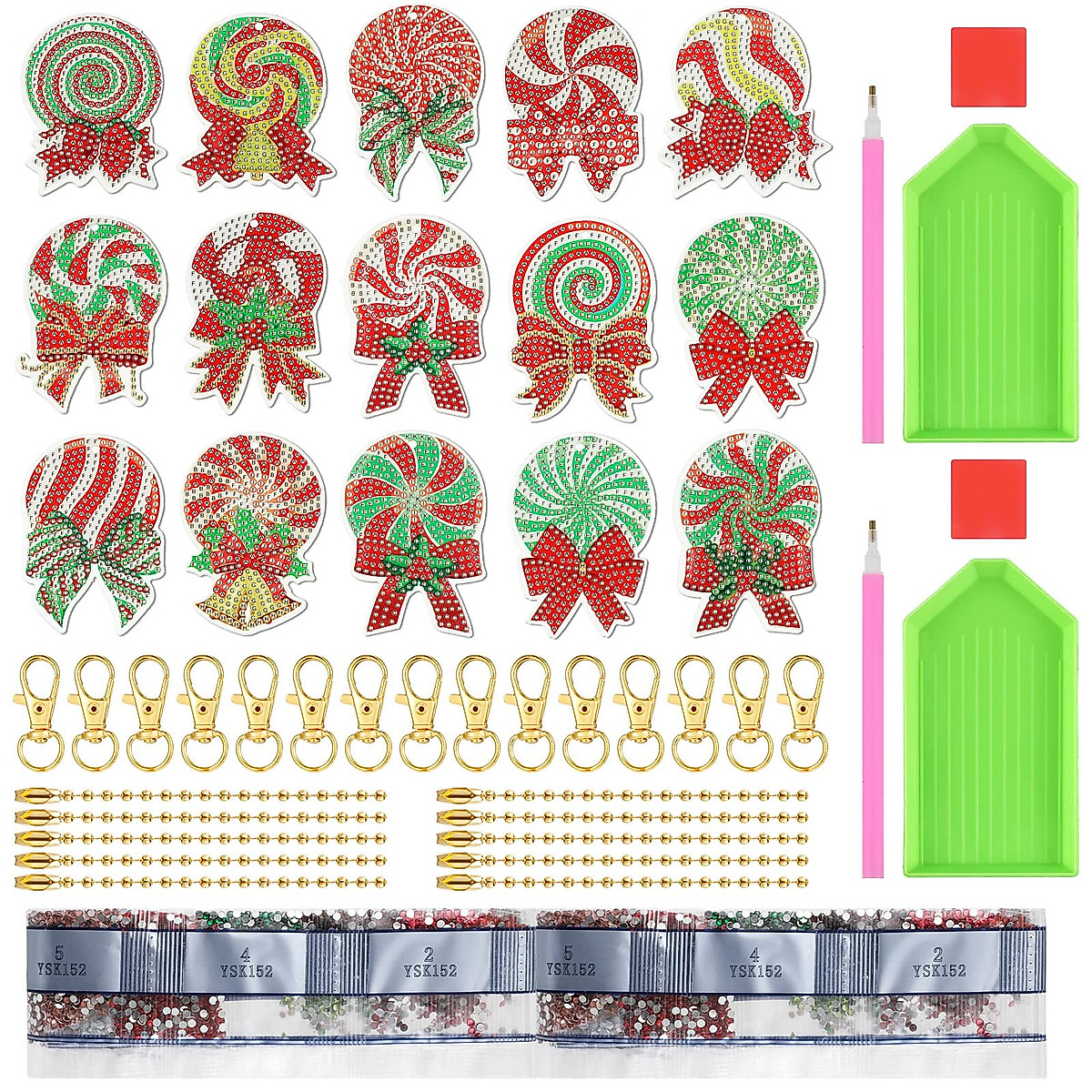 15 Pieces Christmas Diamond Painting Keychain Diamond Painting Ornaments 5D DIY Diamond Painting Keychain Hot Cocoa Christmas Diamond Art Ornaments for Kids Christmas DIY Crafts (Candy)