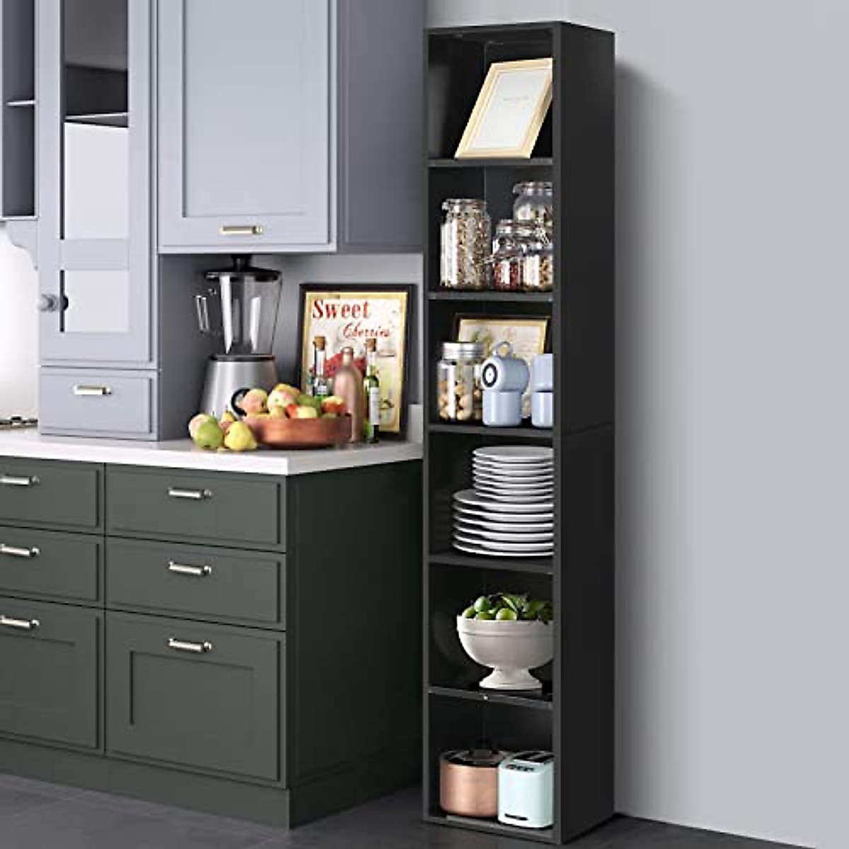 HOFFREE 6-Tier Narrow Bookcase Tall Wood Bookshelf Cabinet Cube Organizer Book Shelves Display Storage Shelves Rack for Small Spaces Home Office Living Room - Black