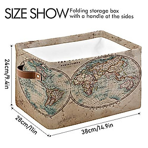Nander Large Foldable Storage Bin Rectangle Waterproof Storage Basket Cube with PU Handles for Organizing Nursery Home Closet & Office - Old Stained World Map, 1 Pack