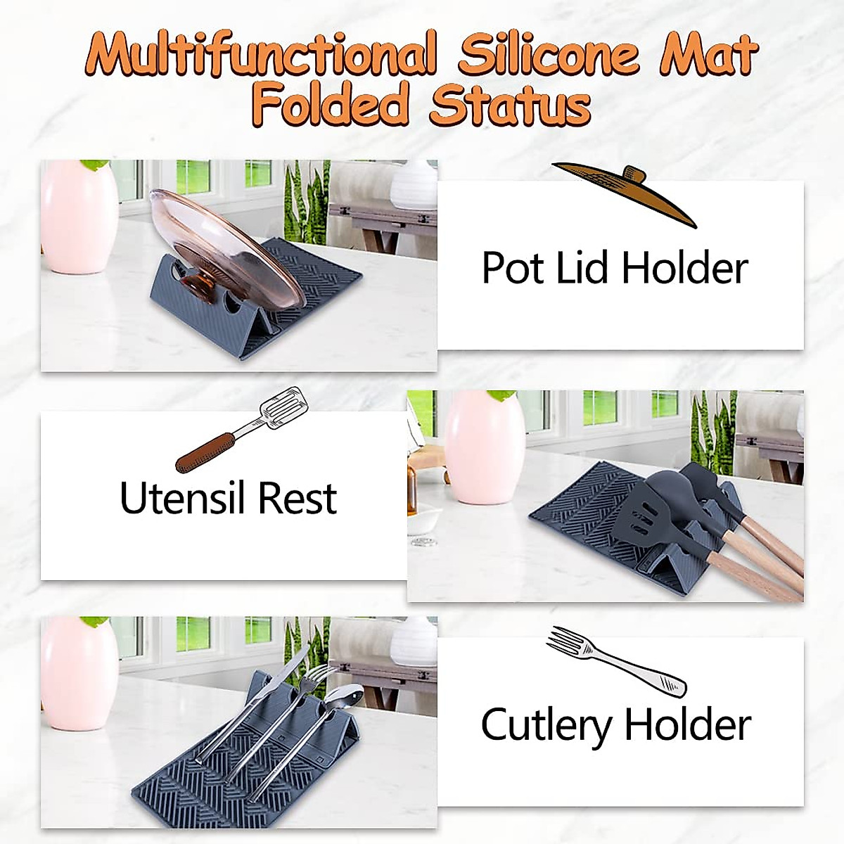 Silicone Utensil Rest - Spoon Rest with Drip Pad for Stove Top, Heat Resistant BPA Free Spoon Holder for Spatula, Brush, Fork - Multifunctional & Foldable Silicone Dish Drying Mat for Kitchen Counter