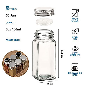 30 Pack 6oz Glass Spice Jars Bottles, Empty Square Containers with Silver Airtight Metal Caps and Pour/Sift Shaker Lid - 30 Black Labels,1 Chalk Marker,1 Silicone Collapsible Funnel,2 Brush Included