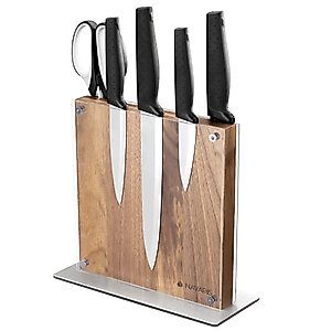 Navaris Magnetic Knife Block - Kitchen Storage with Strong Magnets for Knives & Utensils - Simple Modern Holder with Acrylic Guard - Acacia Wood - 8.8" x 8.7"