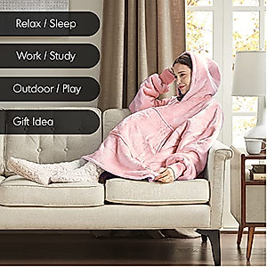 Degrees of Comfort Wearable Blanket Hoodie for Women Men Adults, Cozy Oversized and Warm Sherpa Lined Sweatshirt Blankets, Pink, 38x32 Inch