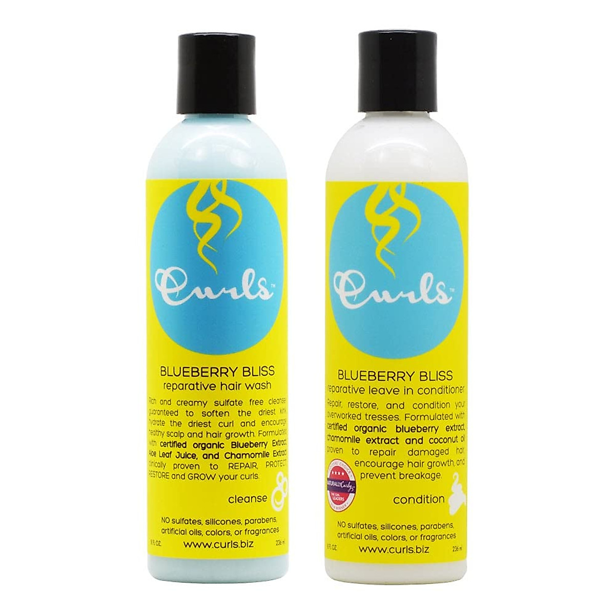 Curls Blueberry Bliss Reparative Hair Wash, 8 Ounces and Reparative Leave In Conditioner, 8 Ounces