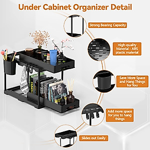 Warmodern 2 Pack Double Sliding Bathroom Cabinet Organizer, 2 Tier Under Sink Organizers And Storage, Bathroom Sink Organizer Baskets with 8 Hooks and 4 Hanging Cups, Under Sink Storage for Kitchen