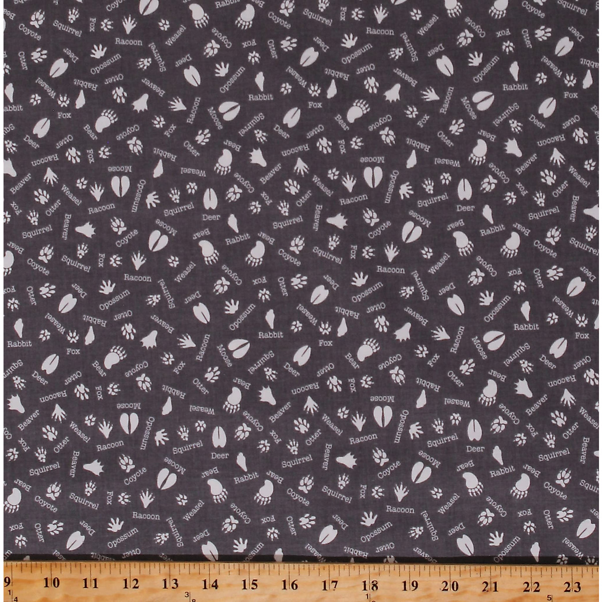 Cotton Animal Trails Tracks Footprints Indentations Moose Racoon Otter Fox Coyote Beaver Squirrel Bear Rabbit Deer Into The Woods Gray Cotton Fabric Print by The Yard (D371.58), 44 Inches