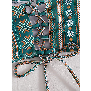 Floerns Women's Boho Two Piece High Waist Bathing Suit Bandeau Swimsuit Dark Green Multi M