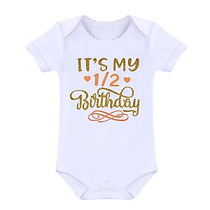 Infant Baby Girl Half Birthday Outfit It's My 1/2 Birthday Cake Smash Tutu Set Cotton Short Sleeve Romper Tulle Skirt Sequin Bowknot Headabnd Leg Warmers 4pcs Clothes Set Photo Props Yellow 6 Months