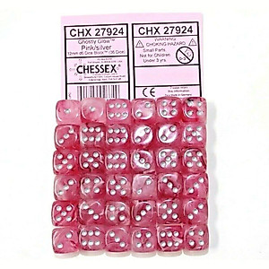 DND Dice Set-Chessex D&D Dice-12mm Ghostly Glow Pink and Silver Polyhedral Dice Set-Dungeons and Dragons Dice Includes 36 Dice – D6 (CHX27924)