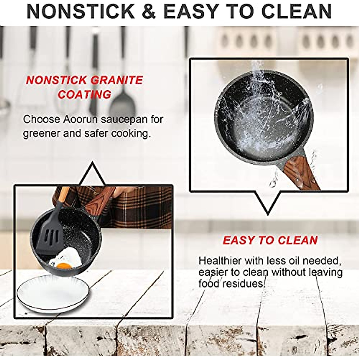 Aoorun Saucepan with Lid, 1.5 Quart Sauce Pan, Small Soup Pot, Nonstick Milk Pan with Granite Coating & Solid Wood Handle, Induction Compatible