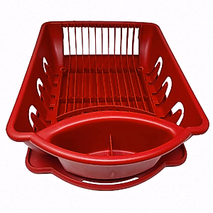 Sturdy Hard Plastic Red Sink Set Dish Rack with Drainer & Drainboard, Easy to Clean with Snap Lock Tab Cup Holders for Home Kitchen Sink Organizer (Red, Medium)