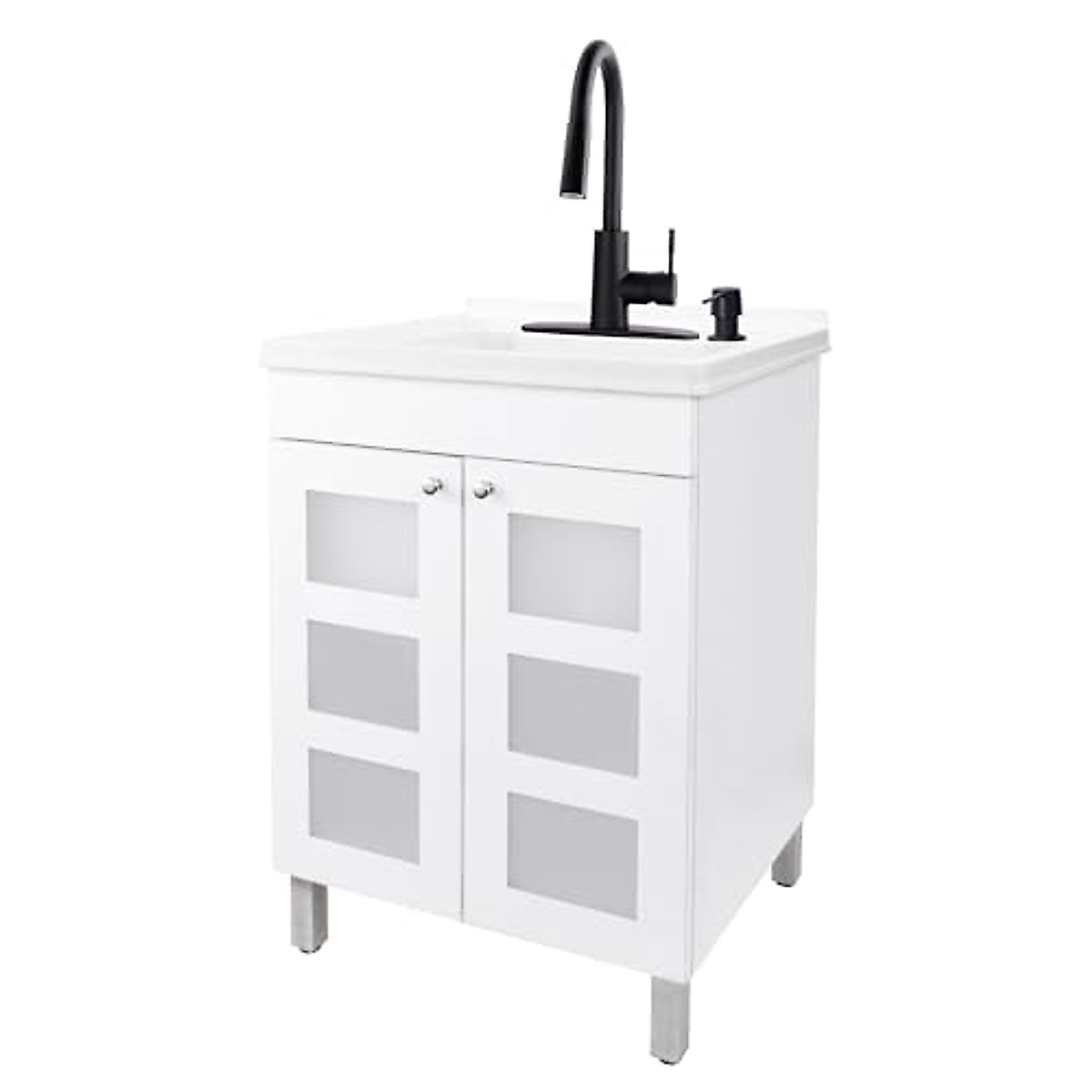 Utility Sink with White Vanity Cabinet by JS Jackson Supplies, Black High-Arc Pull-Down Sprayer Faucet, Soap Dispenser and Spacious Vanity for Laundry Room