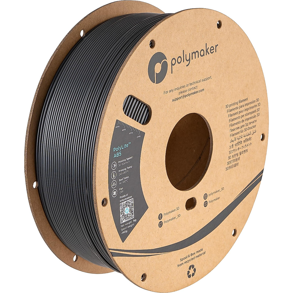 Polymaker ABS Filament 1.75mm Dark Grey, ABS 3D Printer Filament 1.75mm Heat Resistant 1kg - PolyLite ABS 3D Printing Filament 1.75mm, Strong & Durable, Dimensional Accuracy +/- 0.03mm