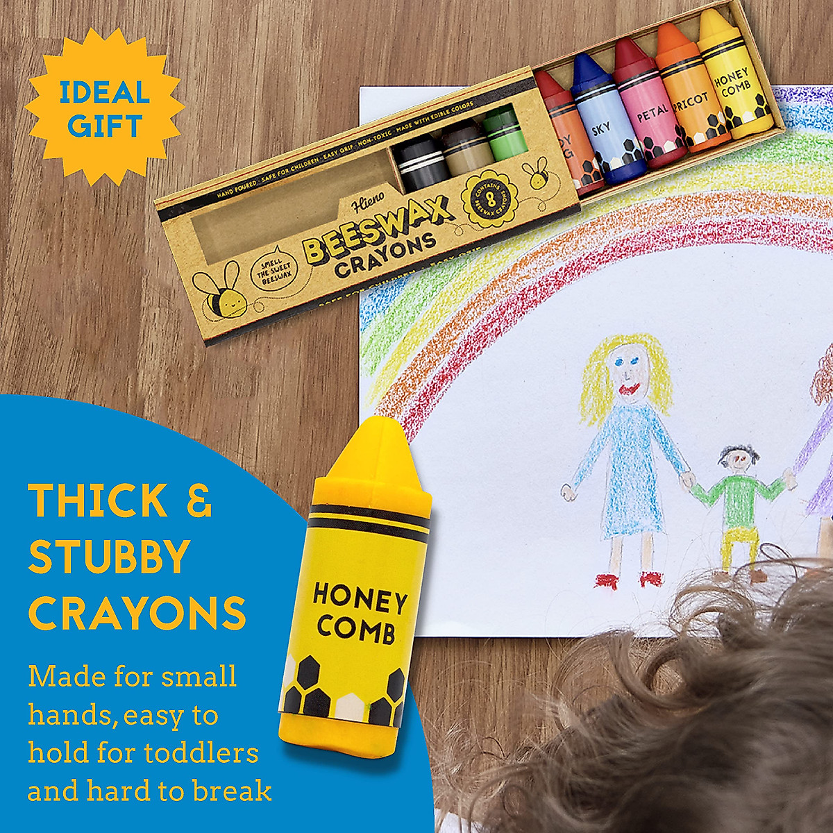 Hieno 100% Pure Beeswax Crayons Non Toxic Handmade - Natural Jumbo Crayons Safe For Kids & Toddlers With Natural Food Coloring - Crayon For Toddlers Shaped For Perfect Grip (Rounded) - Toddler Colors