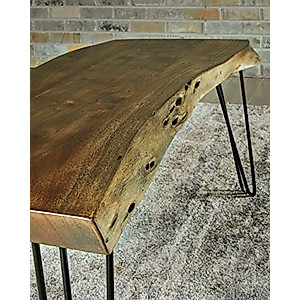 Signature Design by Ashley Haileeten Contemporary Accent Bench with Live Edge Top, Light Brown & Black