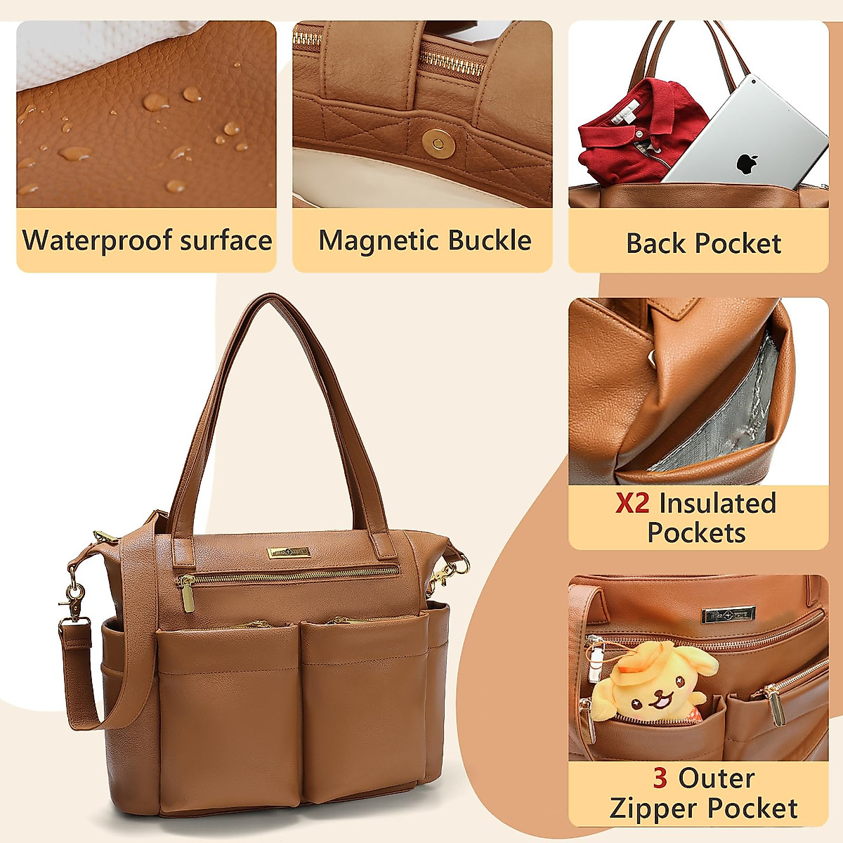 miss fong Diaper Bag Tote Leather Diaper Bag Backpack Large Tote Bag,Baby Diaper Bag for Women,Diaper Bag Purse with 11 Diaper Bag Organizer,Changing Pad, Stroller Straps,4 Insulated Pockets