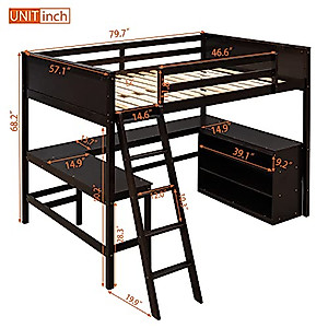BOVZA Full Size Loft Bed with Desk and Shelves, Wooden Full Loft Bed Frame with Safety Guardrails for Kids Teens Adults, Espresso