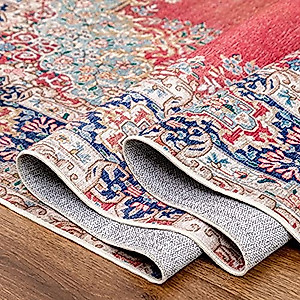 Washable Rug Indoor 8x10, Rugs with Rubber Backing, Non Slip Area Persian Rug, Foldable Rug Thin, Traditional Bohemian Red Big Rug for Bedroom, Living Room, rv Carpet, Machine Washable Carpets