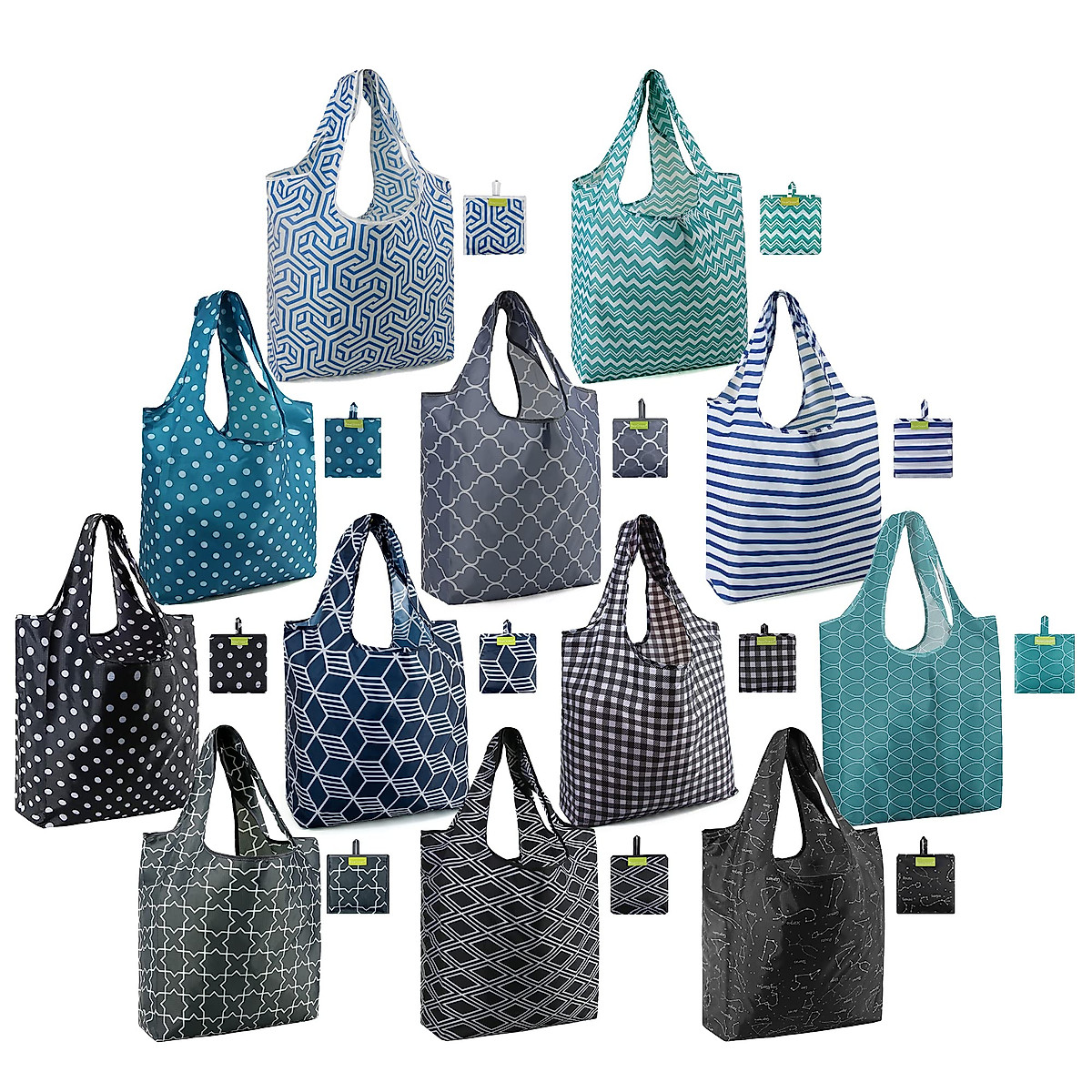 BeeGreen Polka Dot Constellation Zigzag Stripe Reusable Grocery Bags Foldable Bulk 12 Pack, Geometry Reusable Shopping Bags Extra Large 50LBS Heavy Duty, Machine Washable Reusable Bags for Groceries
