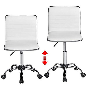 Yaheetech Adjustable Task Chair PU Leather Low Back Ribbed Armless Swivel Desk Chair Office Chair Wheels White, Set of 2