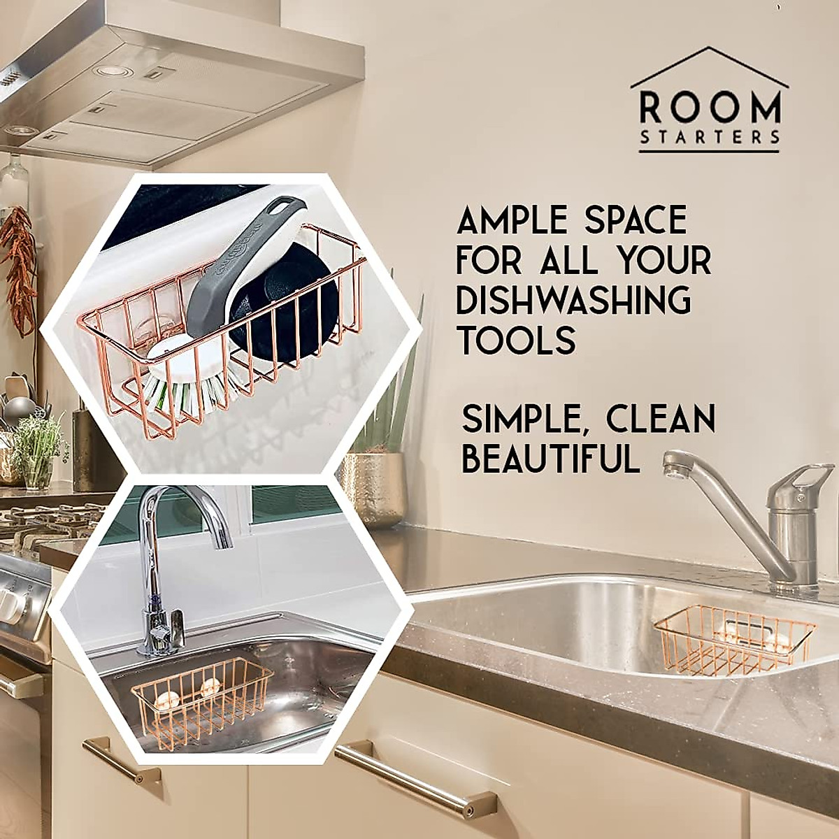 Sponge Holder for Kitchen Sink | Stainless Steel Sink Organizer Sponge Caddy with Strong Transparent Adhesive Mount by ROOM STARTERS (Copper)