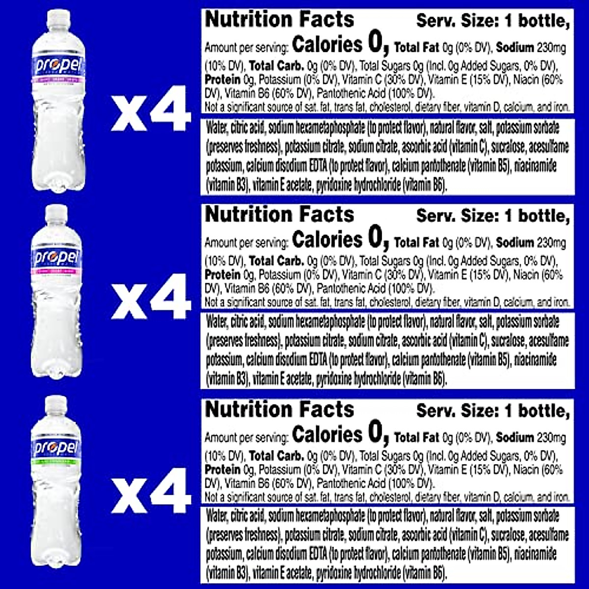 Propel, 3 Flavor Variety Pack, Zero Calorie Sports Drinking Water with Electrolytes and Vitamins C&E, 16.9 Fl Oz (12 Count)