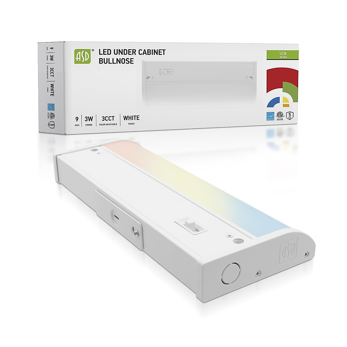 ASD LED Under Cabinet Lighting, 9 inch 3W 202 LM, Dimmable Hardwired Under Cabinet Lights for Kitchen, 3000K Soft/4000K Cool/5000K Daylight, Under Counter Light Fixtures, ETL Energy Star White Finish