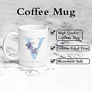 Monogram Letter V Coffee Mugs Watercolor Blue Letter Purple Flower Funny Coffee Mugs Alphabet Letters Ceramic Cup White Drinking Cups with Handle Novelty Gift For Espresso Latte Milk Tea 11oz