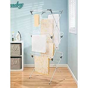 mDesign Tall Metal Foldable Laundry Clothes Drying Rack Stand - Compact, Portable, Folding, and Collapsible for Storage - Large Capacity, 27 Drying Rods, 46 Feet of Drying Hanger Space - White/Gray