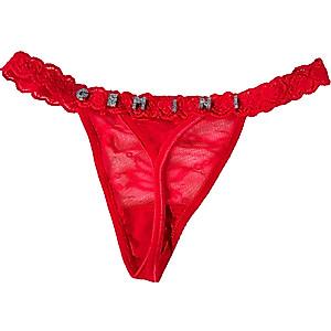 Women Custom G-String Thongs Crystal Name Lace Thong Customized Letter Panties Transparent Low Waist Briefs Underpants (Red)