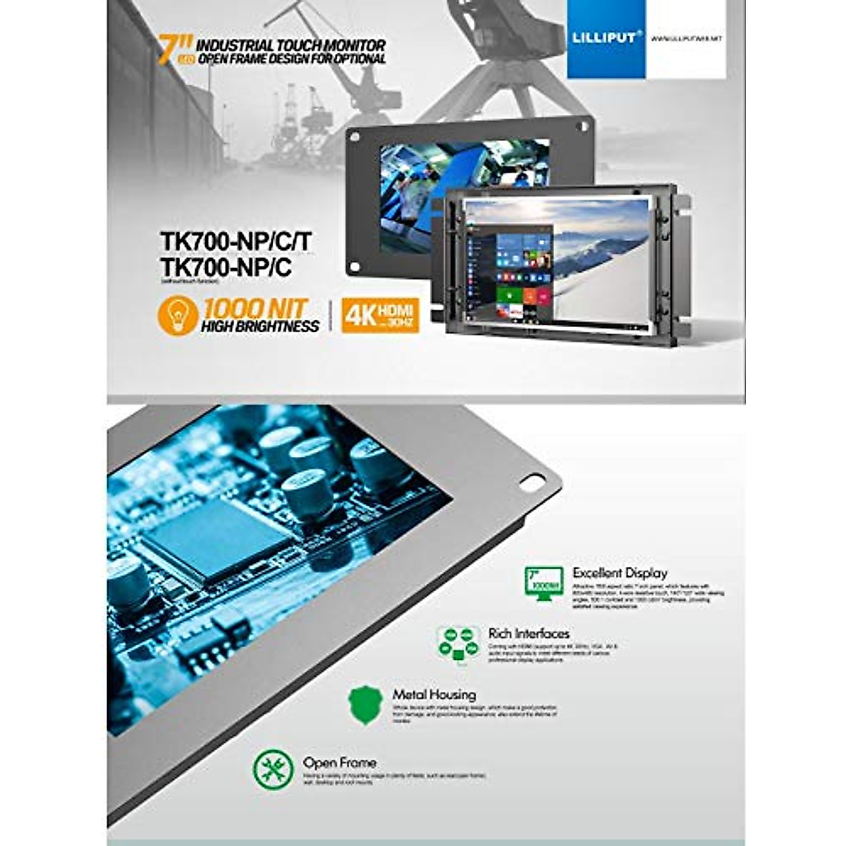 LILLIPUT 7 inch TK700-NP/C/T-B Rugged HDMI Touch Screen Monitor with High Brightness and Open Frame