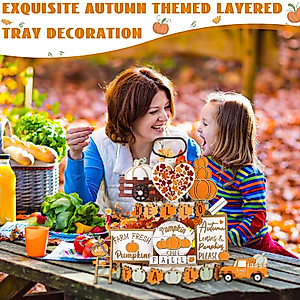 23-Piece Fall Tiered Tray Decoration Set - Thanksgiving Pumpkin Maple Leaf Truck Wooden Sign Rustic Farmhouse Tray Decoration Tabletop Sign Holiday