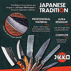 Jikko New Reinforced Carbon Steel Japanese Kitchen Knife Set – Original Series – Ultra Sharp Japanese Knife Set & Chef Knife with Mahogany & Walnut Wood Handles – Professional Chef's Knives