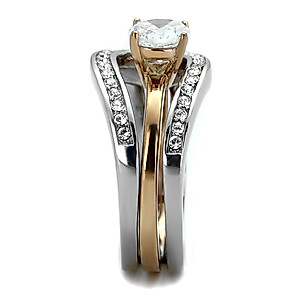 Marimor Jewelry 1 Carat Round Cut Two Toned Stainless Steel 2 Piece Wedding Ring Set Women's Size 9