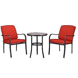 Barton 3PCS Outdoor Patio Bistro Set Chairs & Glass Table Set Porch All-Weather Cushion Furniture, Orange Red