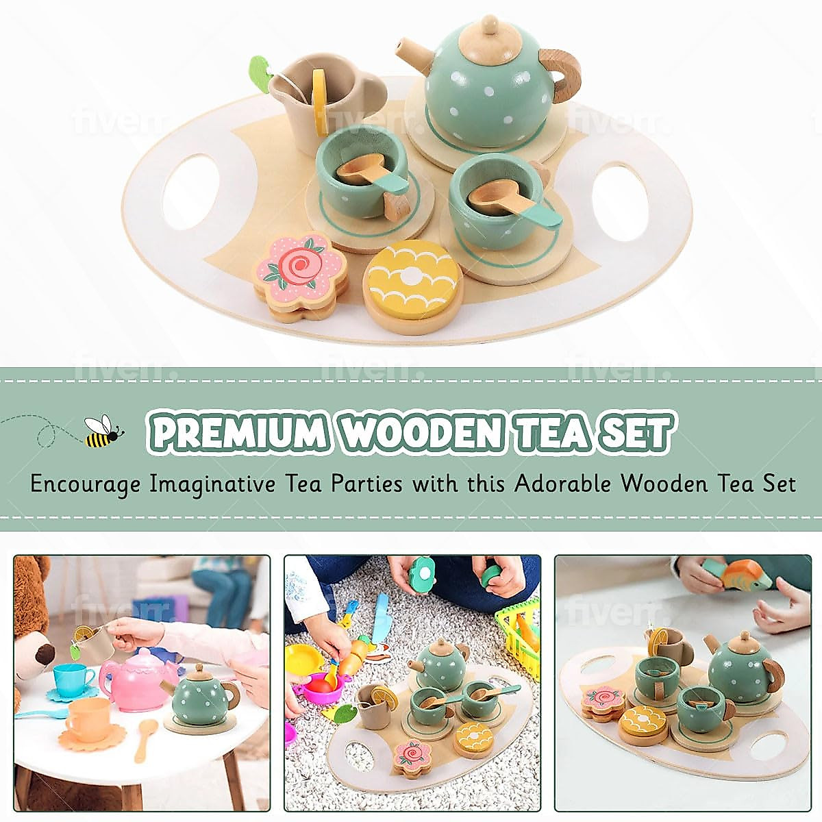 JEVASO KID'S Wooden Tea Party Set for Little Girls, Toddler Tea Set Food Pretend Play Accessories, Kids Kitchen Montessori Tea Set Wooden Toys for 2 3 4 5 6 Year Old Girl.