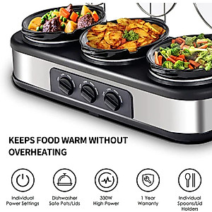 RoyalCraft Triple Slow Cooker - Effortlessly Cook and Serve Multiple Meals at Once, 3 Nylon Spoons , Adjustable Temp, Entrees, Sauces, Stews & Dips, Dishwasher Safe Glass Lid & Crock Ceramic Pot, 1.5 Quart 3 Crock Cooker Pot, Stainless Steel