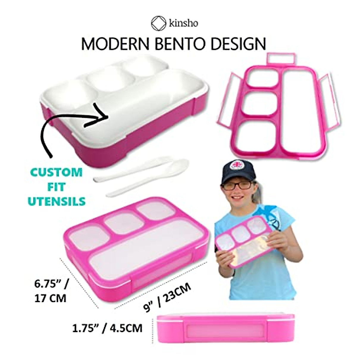 Bento Lunch Box for Girls, Kids Adults | Snack Containers with 4 Compartment Dividers, Boxes for School Pre-School Daycare Lunches BPA Free, Food and Microwave Safe | Pink Rose